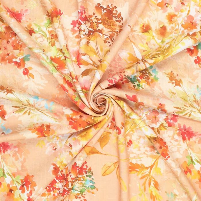 Lan - Viskoza Šareno Cvijeće Na Svjetlonarančastoj Podlozi - Amika Tekstil
